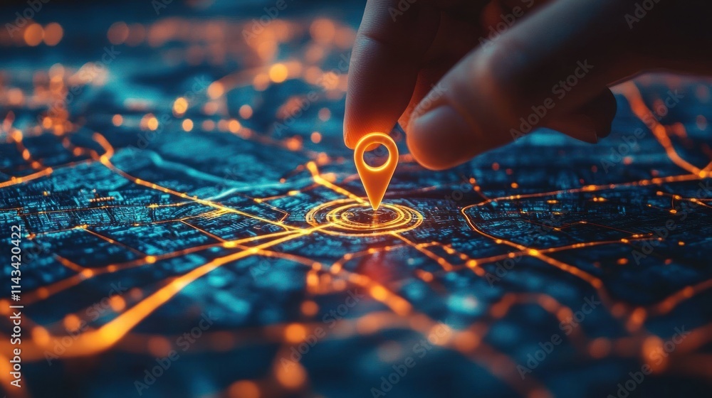 Cyberpunk Digital Map with Location Pins for GPS Navigation and Route ...
