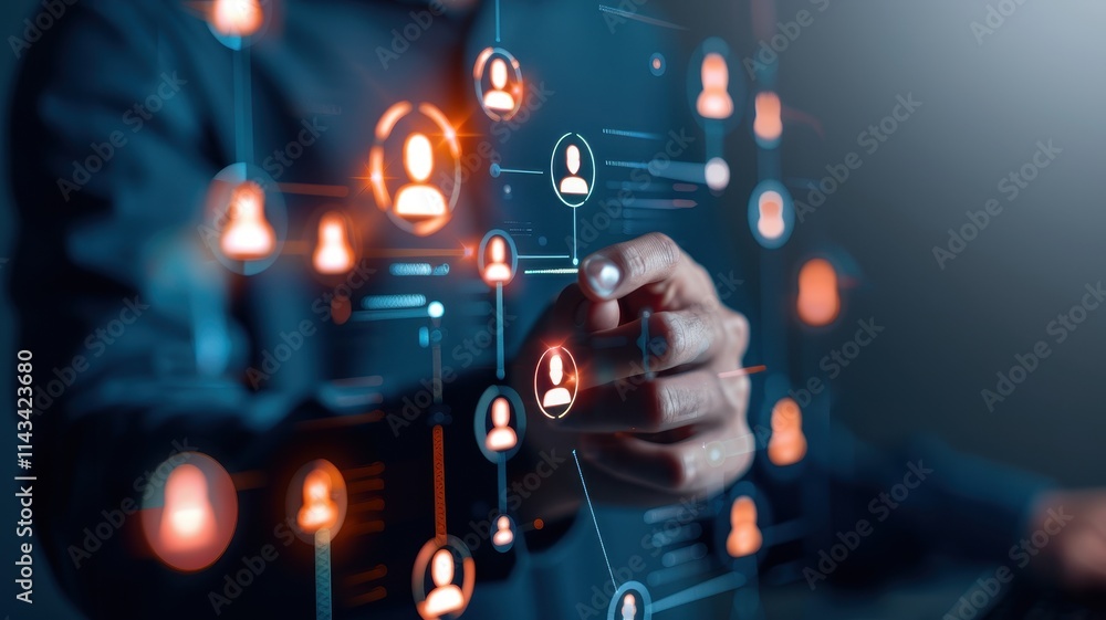 A person interacts with a digital network, representing connections and ...