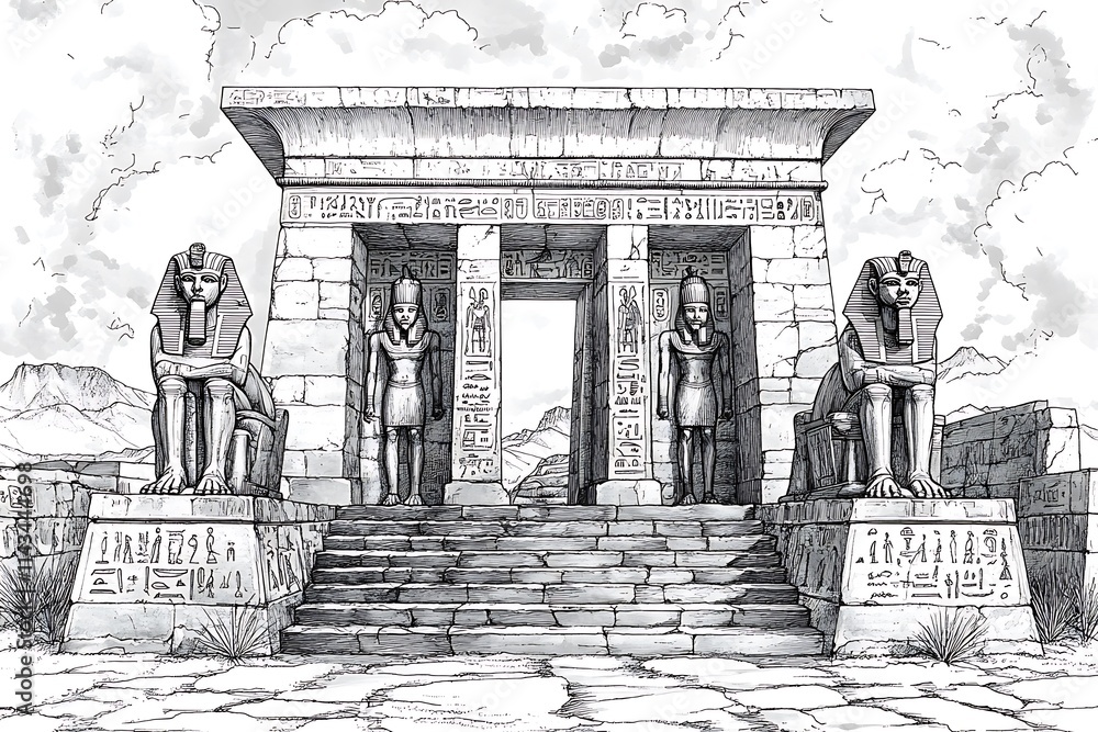 Pen and Ink Sketch of an Ancient Egyptian Temple Entrance with Sphinx ...