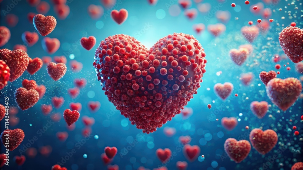 Microscopic red heart-shaped particles floating in a blue solution ...