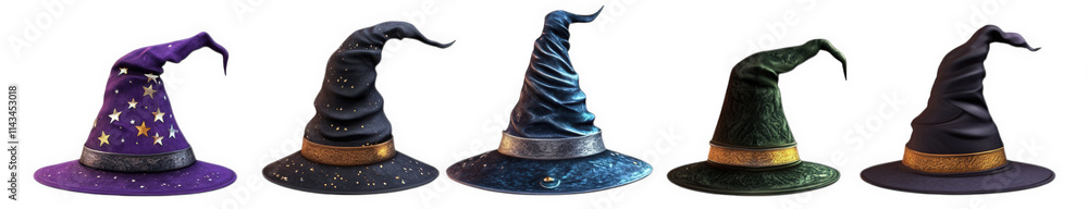 five different wizard hats. each with a unique color and design. on a ...