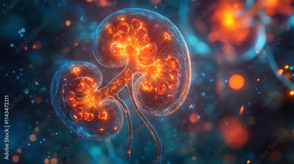 Human Kidneys Anatomy: Glowing 3D Render of Urinary System, Internal ...