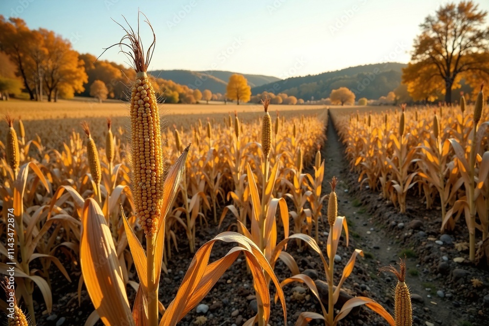 A barren autumn field with wilted corn stalks and dry grass, fading ...
