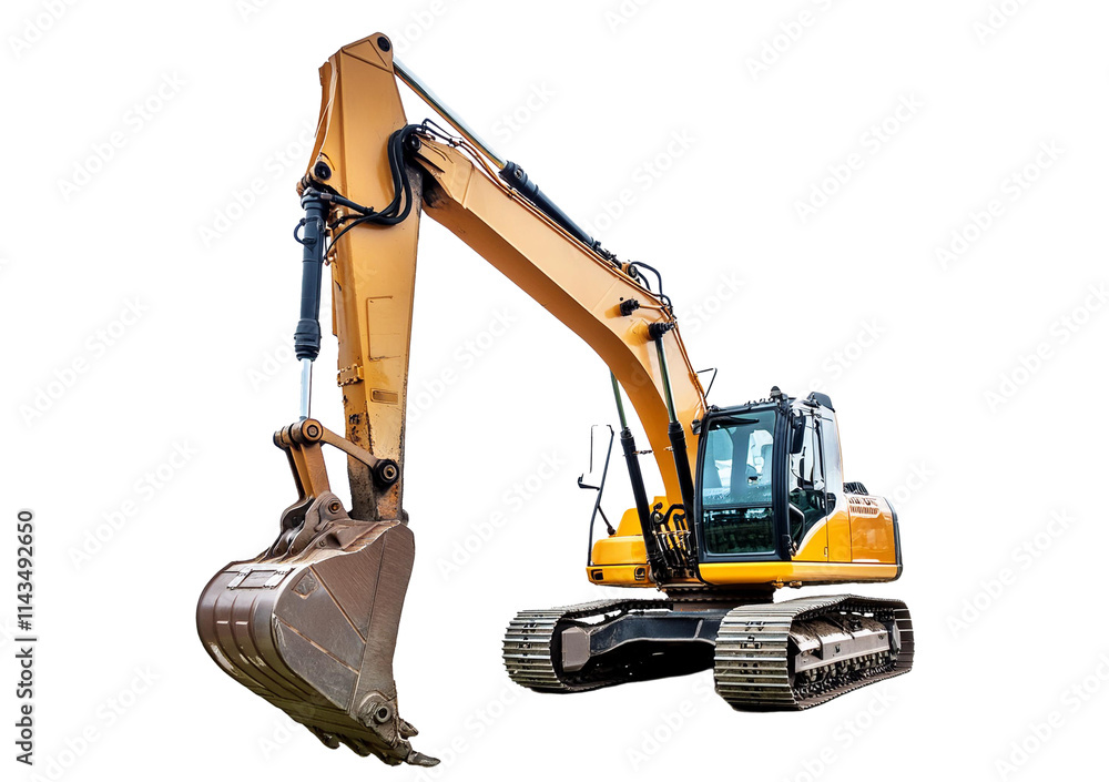 Heavy modern yellow digger excavator isolated on transparent or white ...