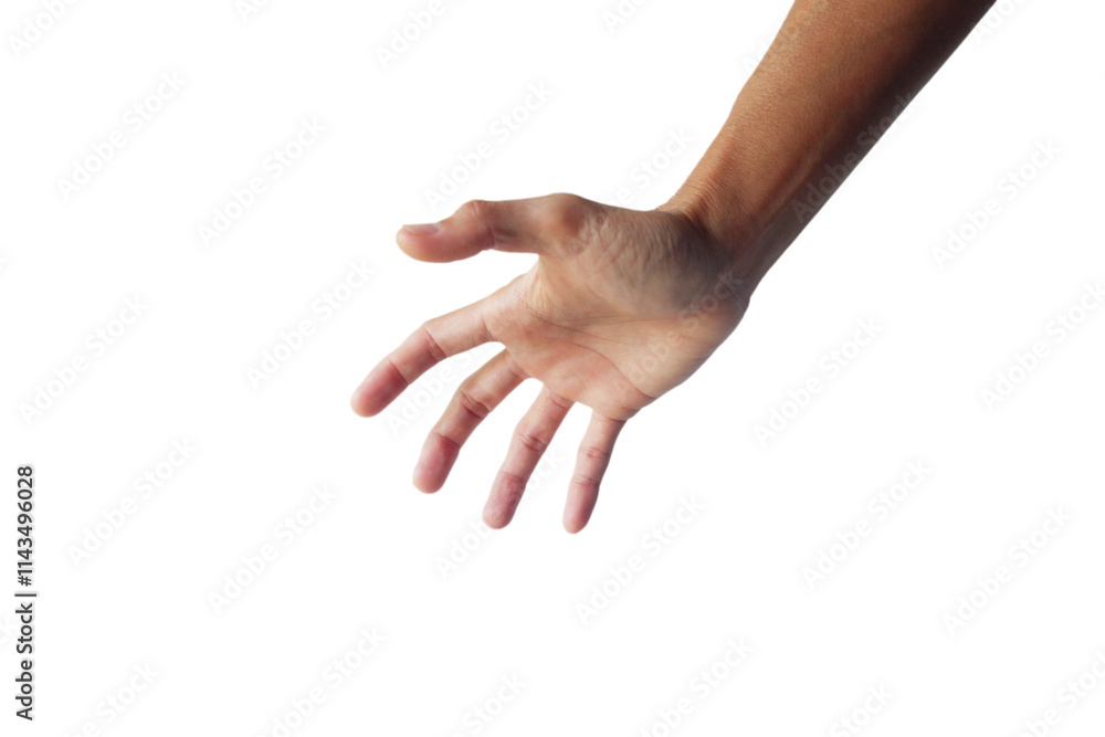 A man's hand in a gesture of reaching down to grab or hold something ...