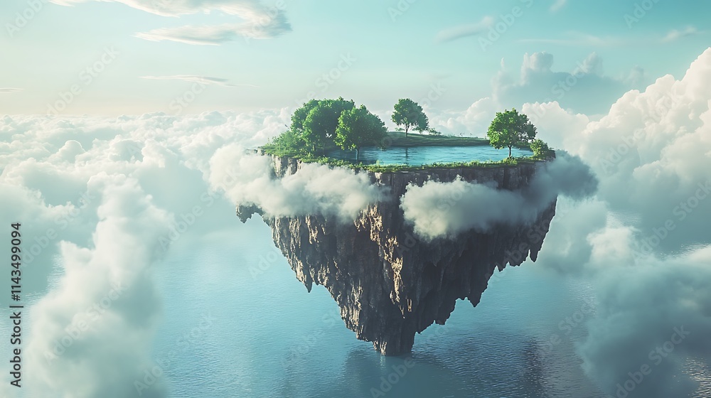 Floating Island Paradise: A 3D Render of a Serene Cloudtop Oasis. AI Generated Stock ...
