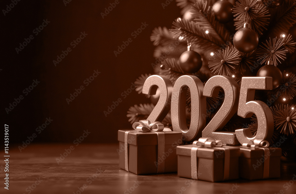 Bronze numbers 2025 with a Christmas tree and gifts in the background ...