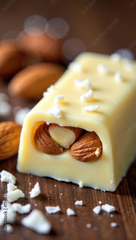 Coconut and almond-filled chocolate bar with creamy texture, white ...