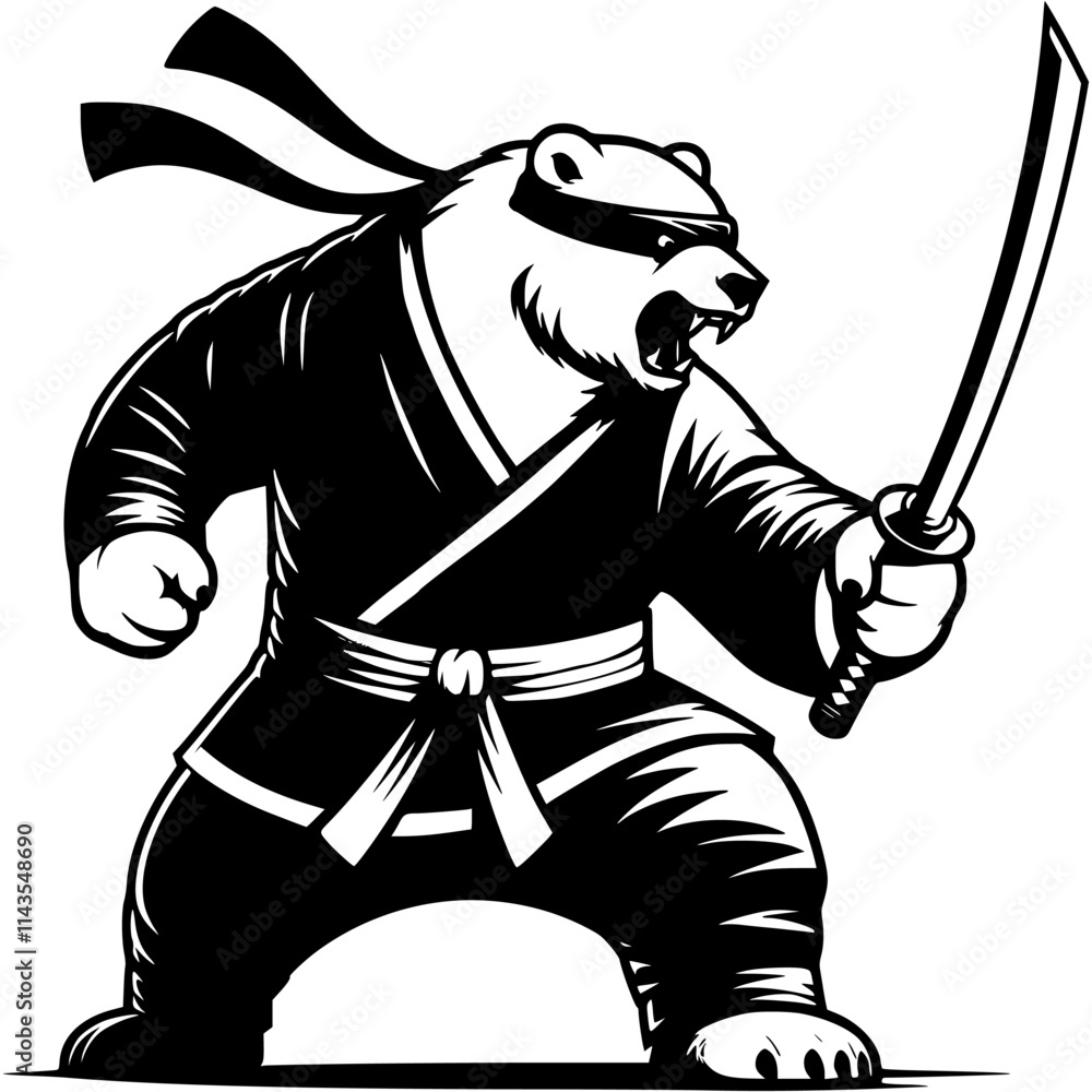 Ninja master polar bear in katana sword attacking position in ...