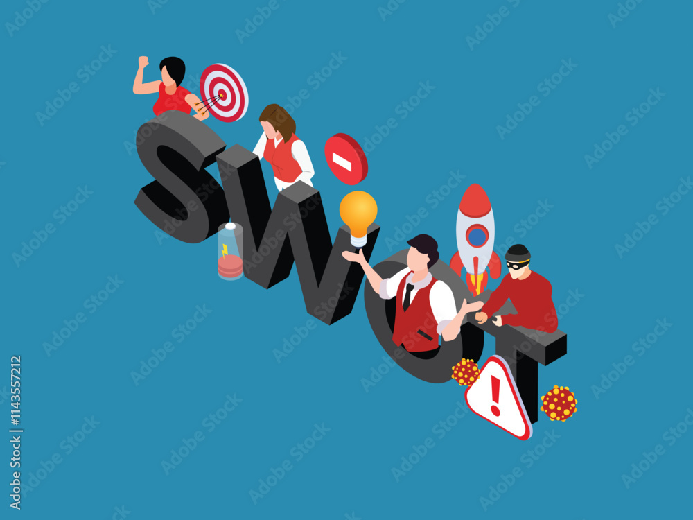 SWOT Analysis Concept with Business Characters and Symbols 3d isometric ...