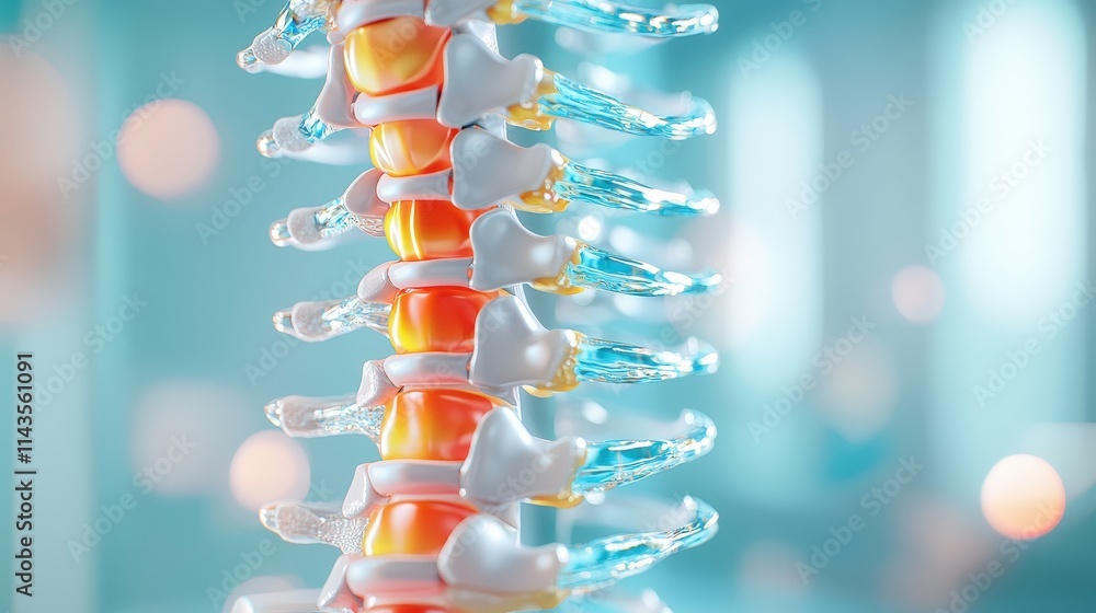 Illustrated human spine with vertebrae labeled and color-coded の Stock ...