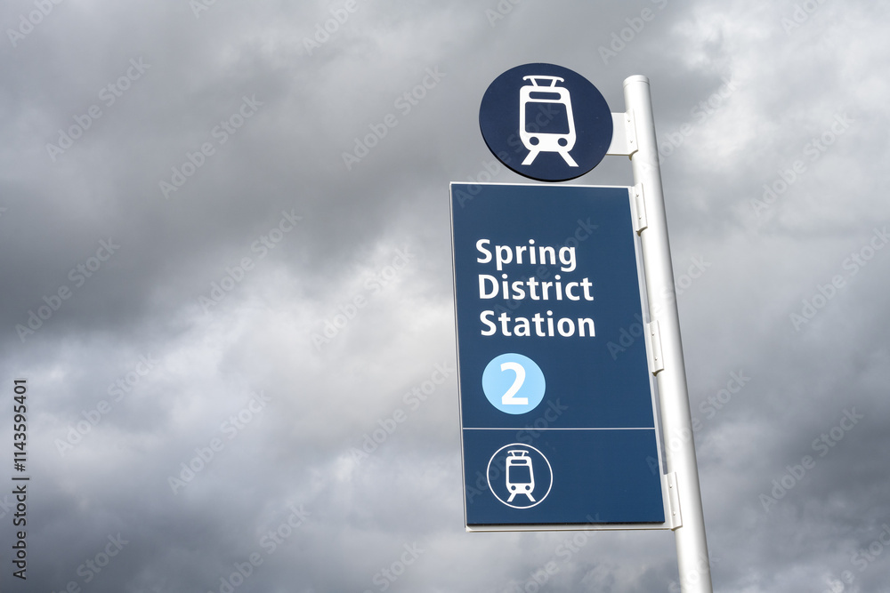 Public mass transportation, sign for spring district station of the ...