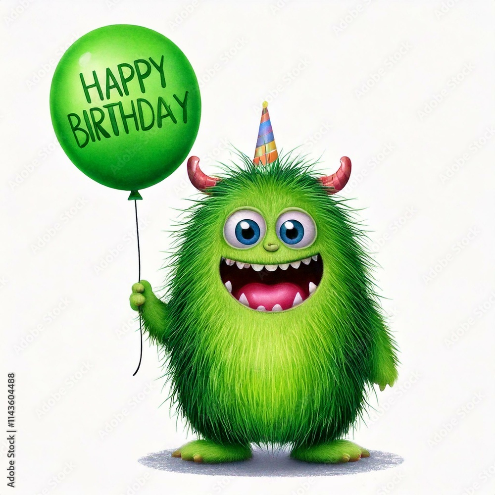Cute furry monster with a green balloon wishing happy birthday ...