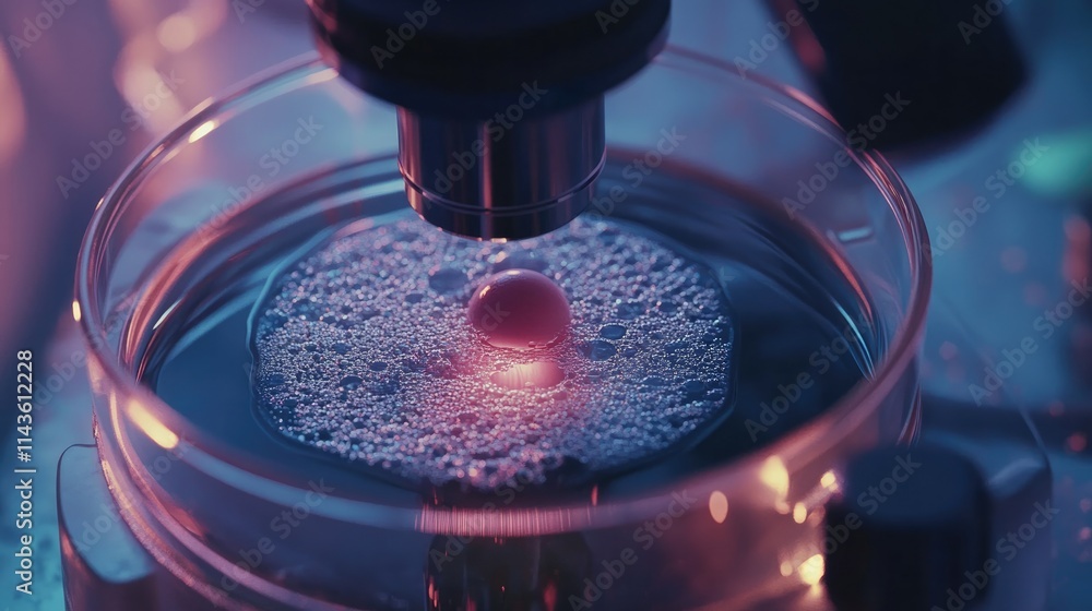 Microscope Close-up: A vibrant, glowing sphere floats in a petri dish ...