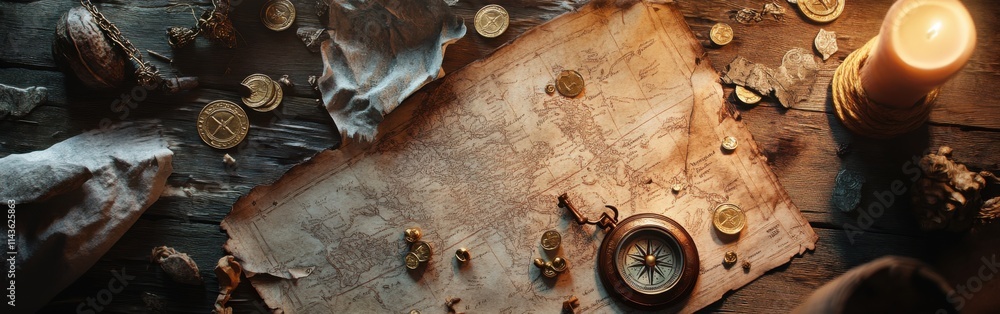 Exploring a detailed pirate map with compass and treasure items in a ...