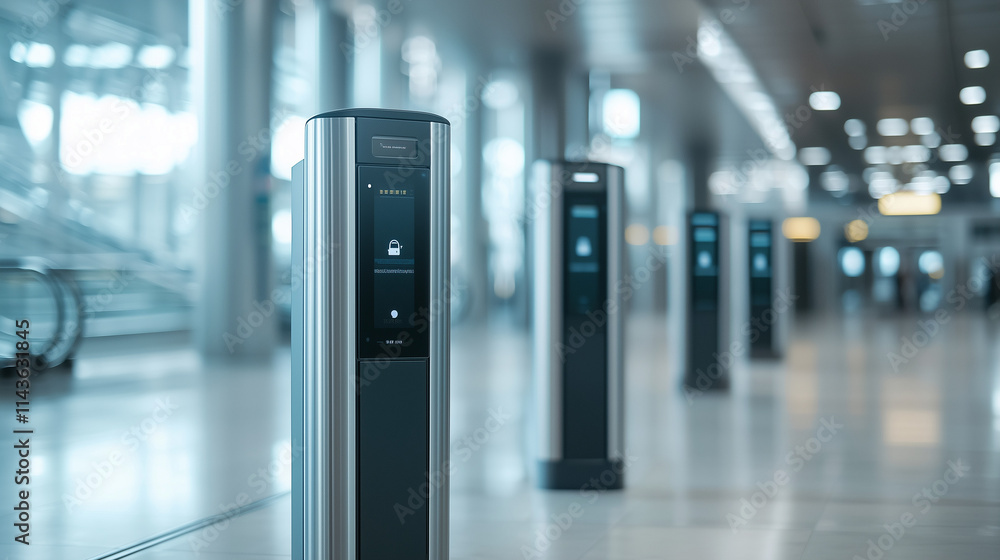 Airport Kiosk Check-in: Sleek, modern self-service airport kiosks line ...
