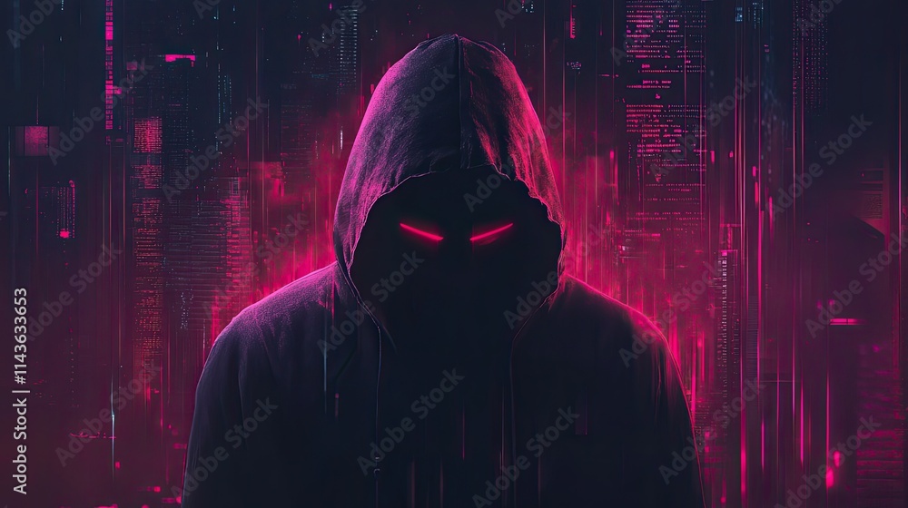 Cyberpunk Hacker: A hooded figure with glowing red eyes stands in the ...