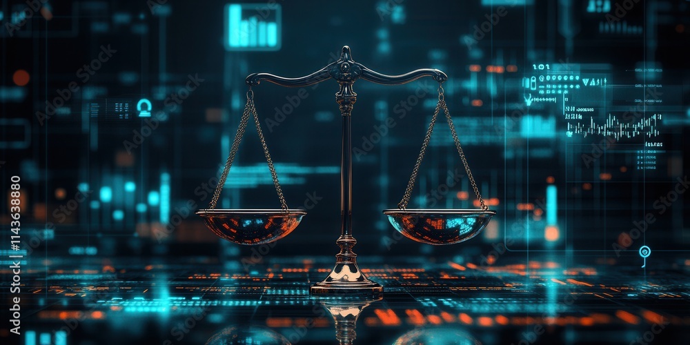 A digital representation of balanced scales symbolizes justice and law ...
