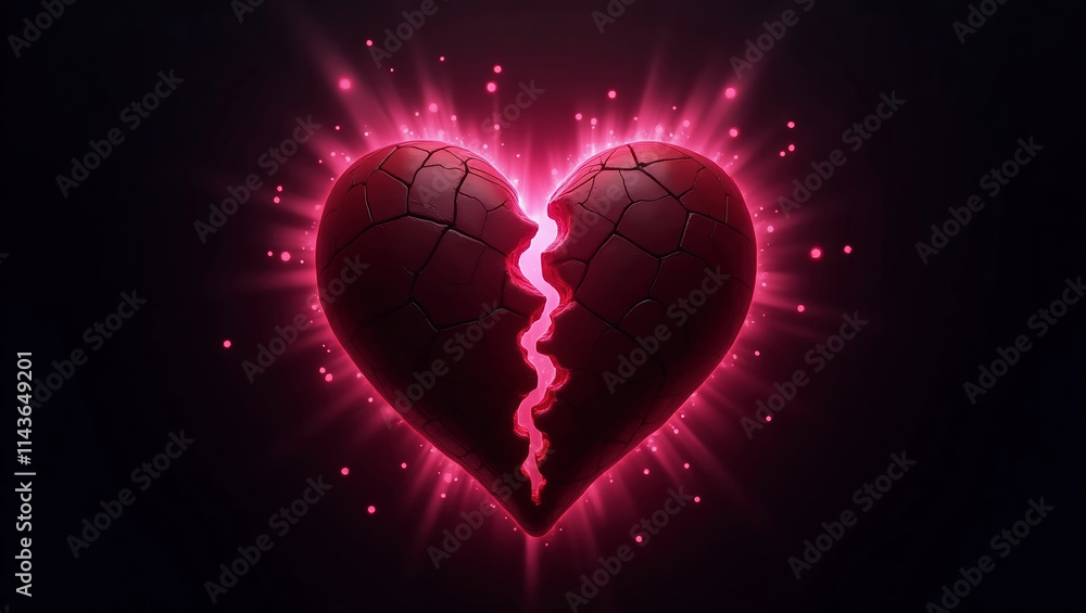 neon pink shattered and splattered heartbroken with glowing edges ...