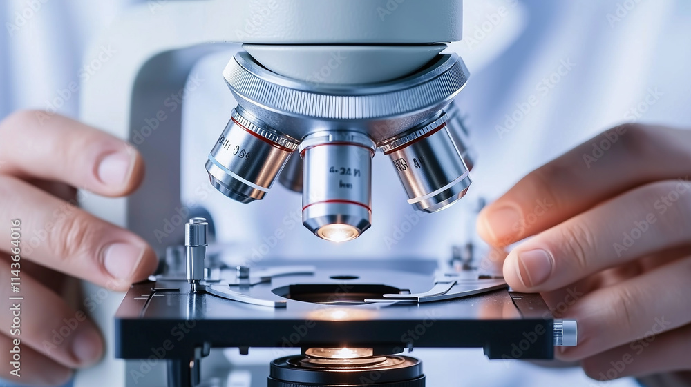Veterinarian examining a biopsy sample under a microscope in a ...