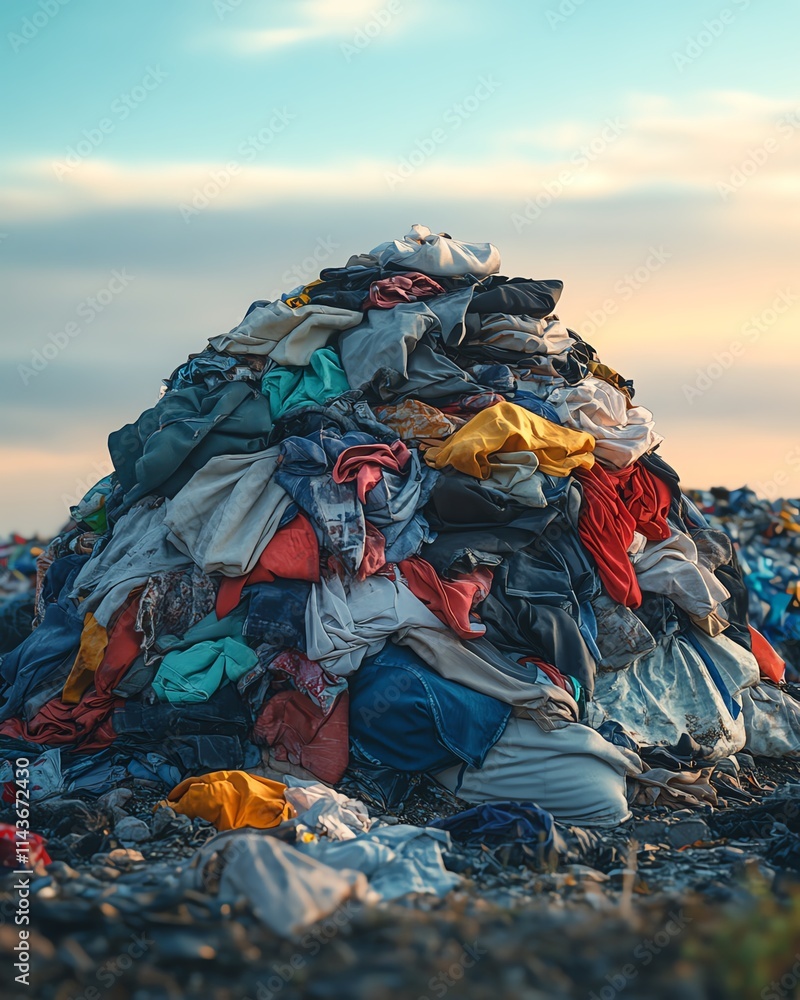 Discarded clothes in a landfill representing fast fashions ...