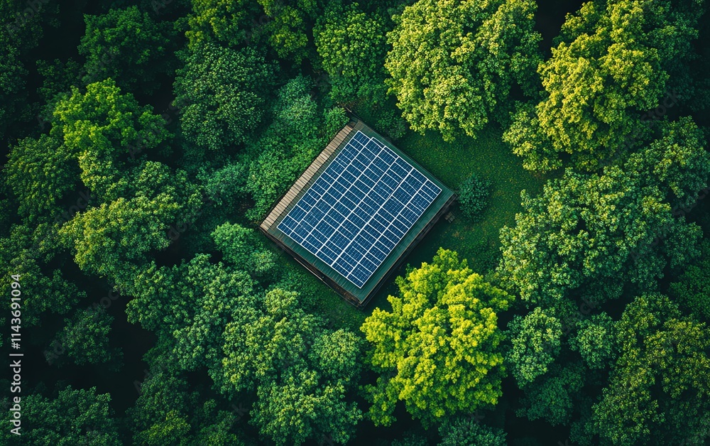 Solar panel setup amidst trees and bushes in a rural, forested area ...