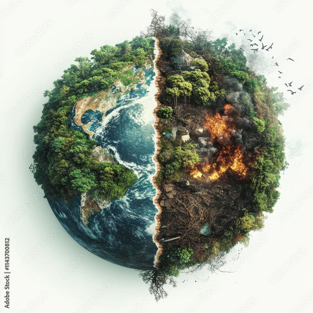 A divided Earth on a clean white backdrop: one half lush with forests ...