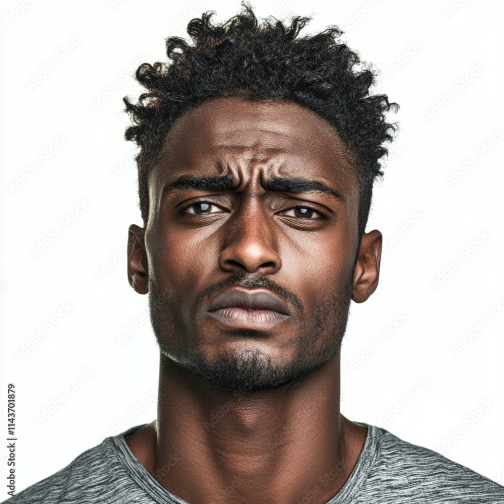 28 year old black Male looking miserable. Isolated, white background ...