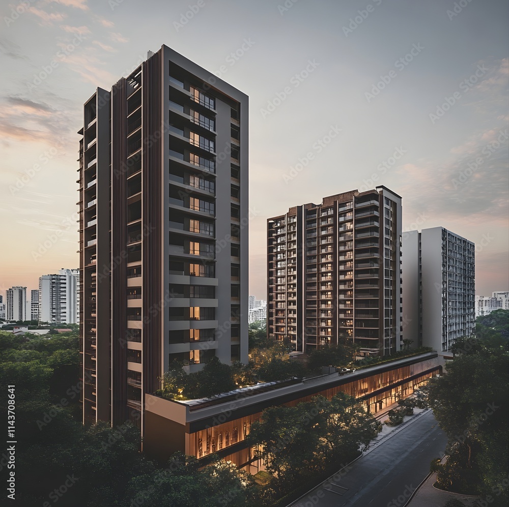 architectural photo of a long stretched ten storey high, terraced ...