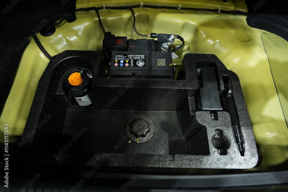 Small battery storage in an electric train on display in Bangkok ...