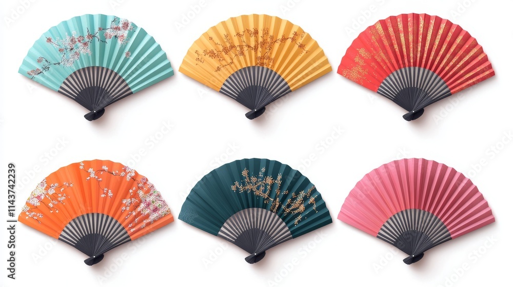 74.Detailed vector set of Asian paper folding fans, with each fan in a ...