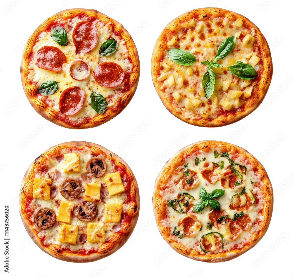 four different kinds of pizza on transparent background with a ...
