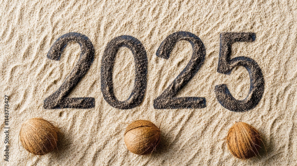 Celebrating future milestones 2025 year mark on sandy beach creative ...