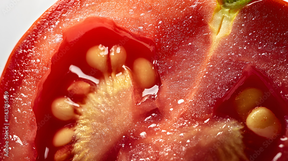 Super close-up shot of the interior of a ripe tomato, highlighting its ...