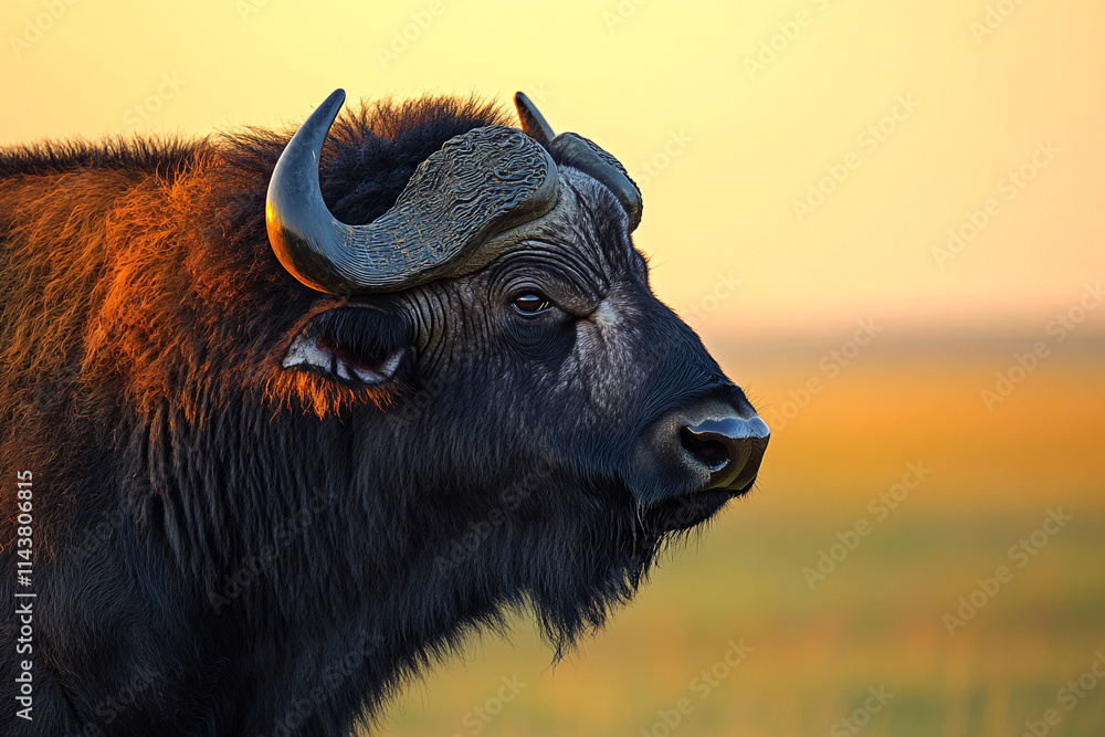 Black buffalo side profile, majestic stance, dusk lighting 32k, full ...