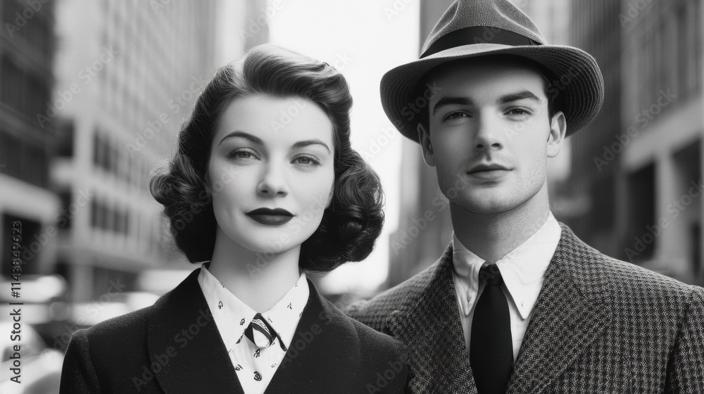 Stylish Vintage Couple Portrait in Black and White on City Streets ...