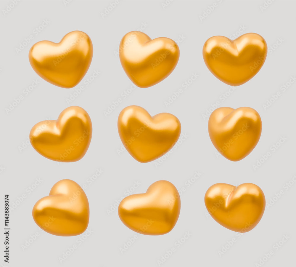3D golden heart rotation. Vector Valentines day symbol in different ...