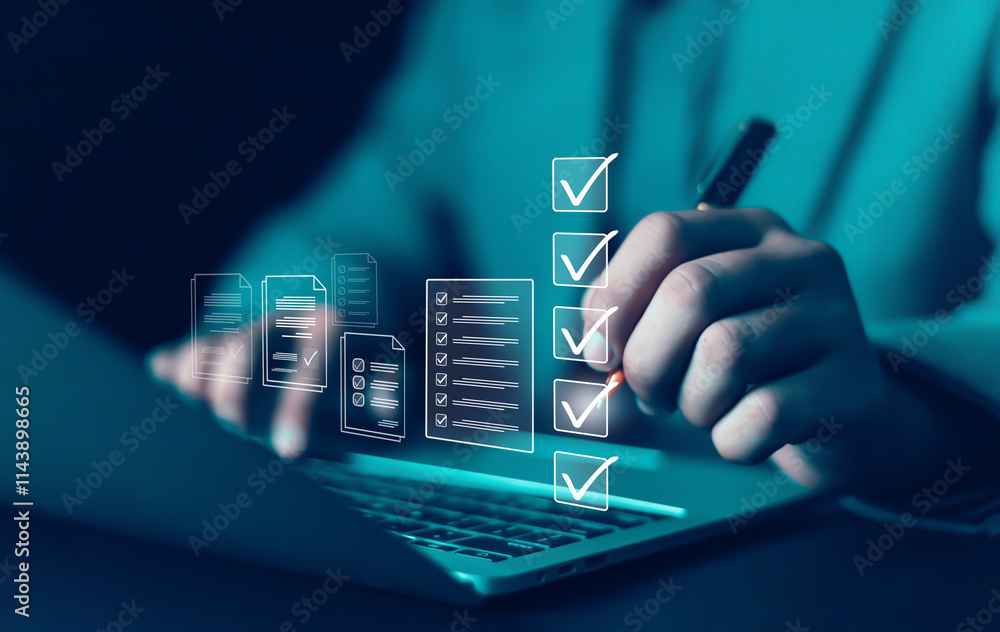 Business Performance Checklist Businessman Using Laptop Doing Online ...