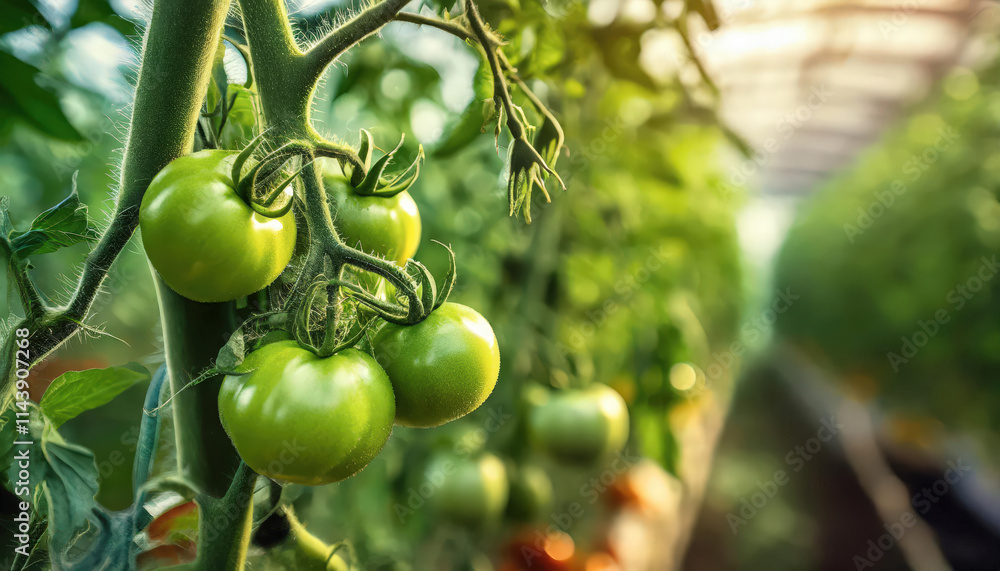 Racimo de tomates verdes en una planta dentro de un invernadero, con ...