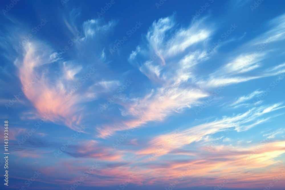 vivid sunset sky with wispy, painted clouds in soft pink and blue hues ...
