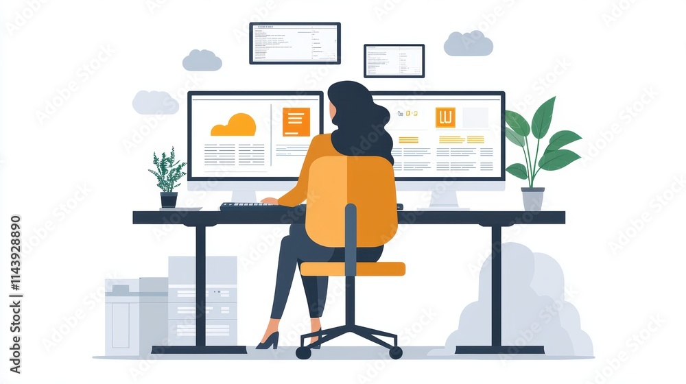 Woman designing cloud-based architecture, multi-monitor setup, engaged in workflow automation ...