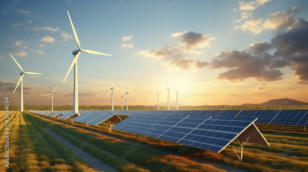 A scenic landscape depicting the of wind turbines and solar panels ...
