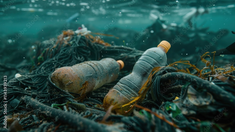 Marine Waste: Oceans filled with trash like plastic bottles and fishing ...