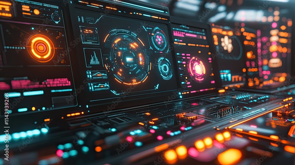 Ilustrace A photorealistic computer interface showcasing a detailed AI dashboard with pulsating ...