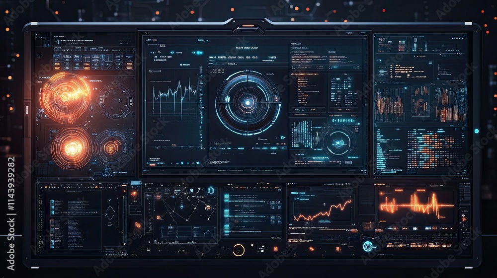 A photorealistic computer interface showcasing a detailed AI dashboard with pulsating neon ...