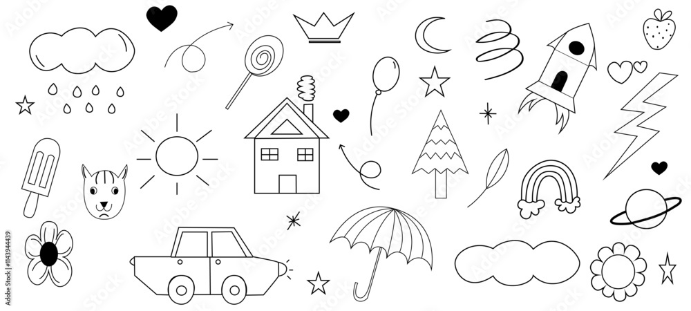 Conjunto de dibujos infantiles en blanco y negro con formas simples de ...