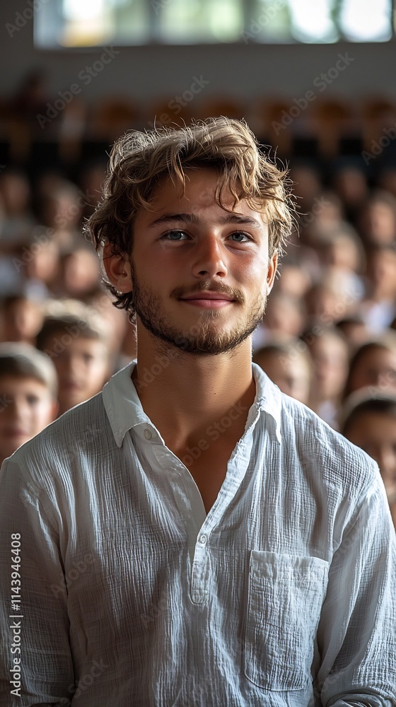 Young leader delivering speech at school assembly audience captivated ...
