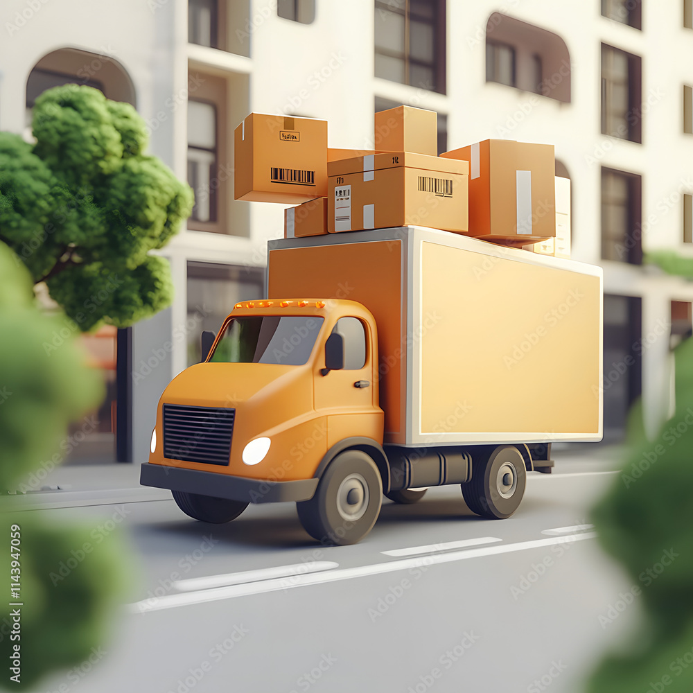 3d cartoon design illustration of Delivery truck shipping parcel boxes ...