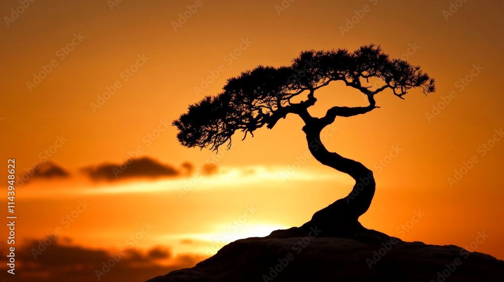 Bonsai Sunset Silhouette: A majestic bonsai tree, its silhouette stark ...