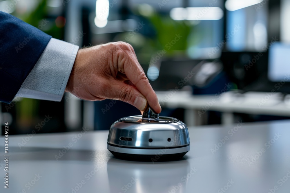 Business professional pressing a service bell in a modern office ...